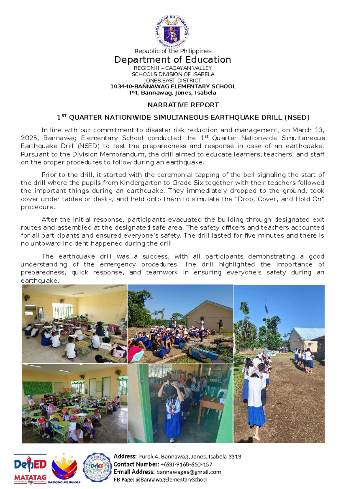 NSED Narrative Report: 1st Quarter Earthquake Drill at Bannawag ES ...