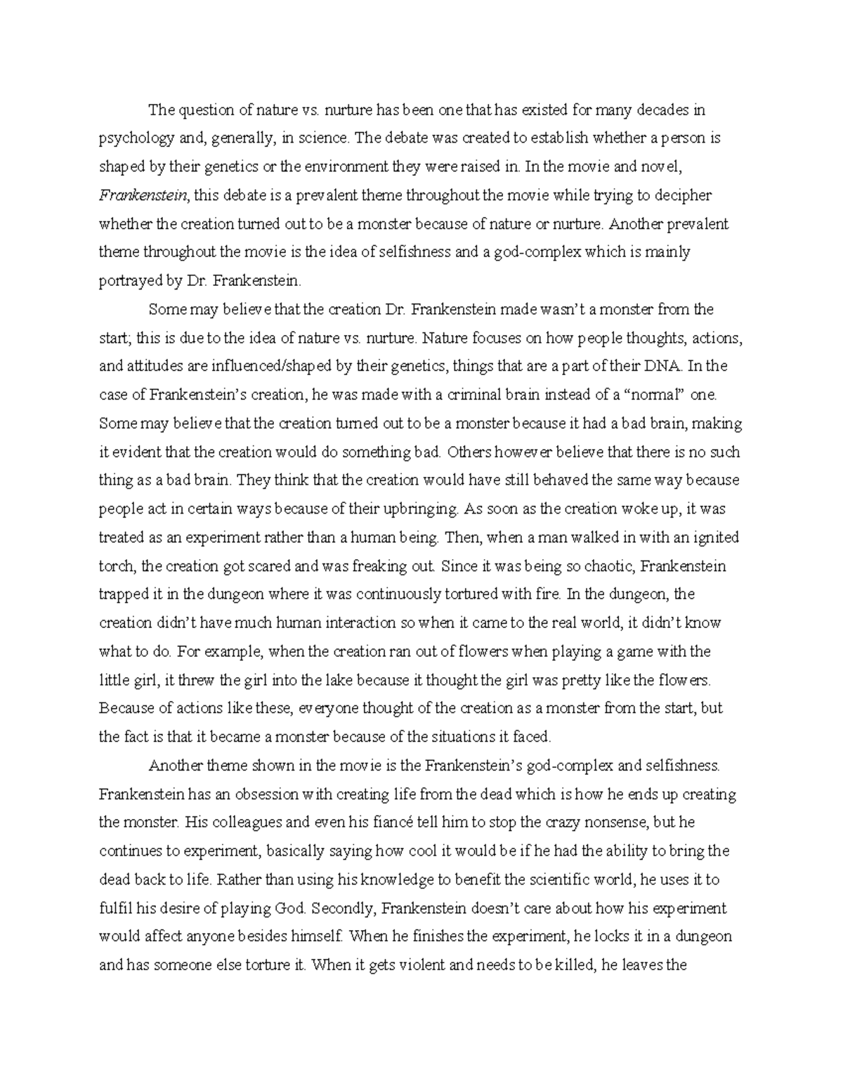 Frankenstein Essay: Nature vs. Nurture in EGMT 1540 - Studocu