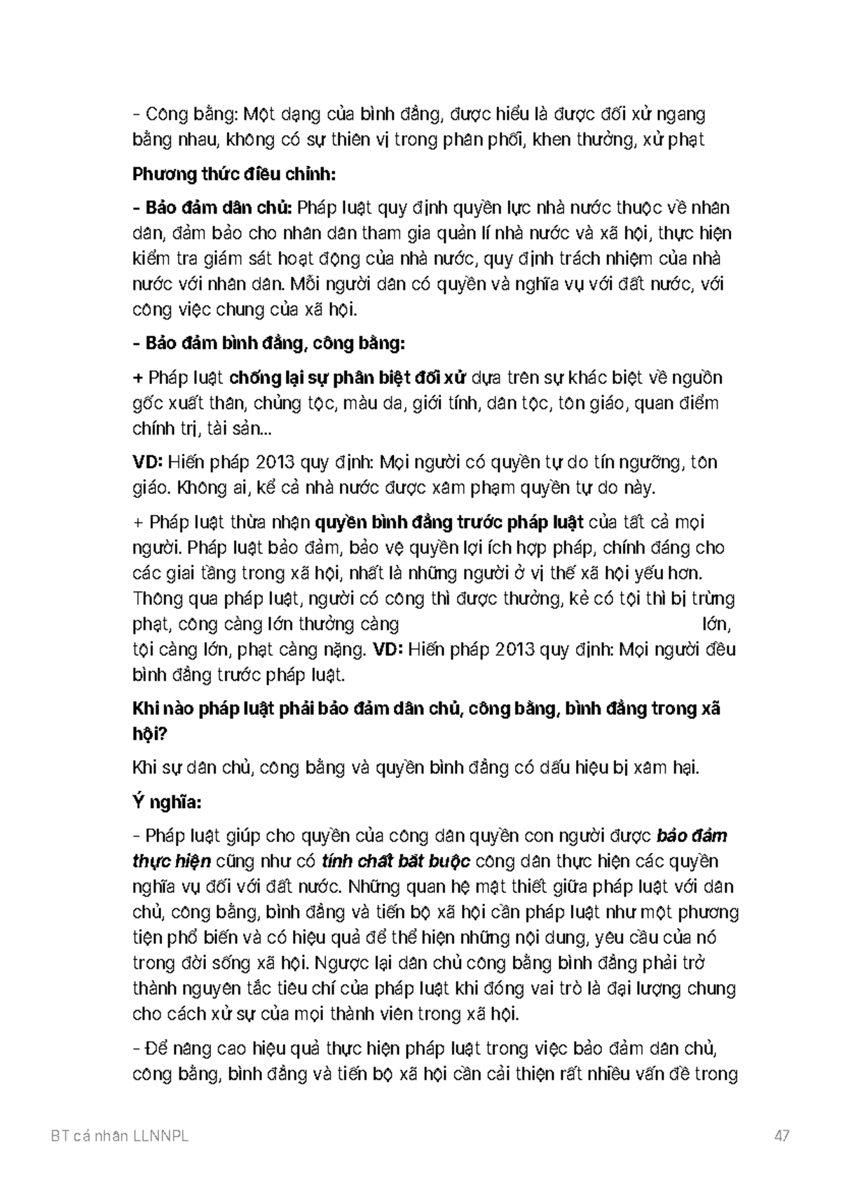 Công bằng và Bình đẳng trong Pháp luật Việt Nam: BTCN LLNNPL 40 - Studocu