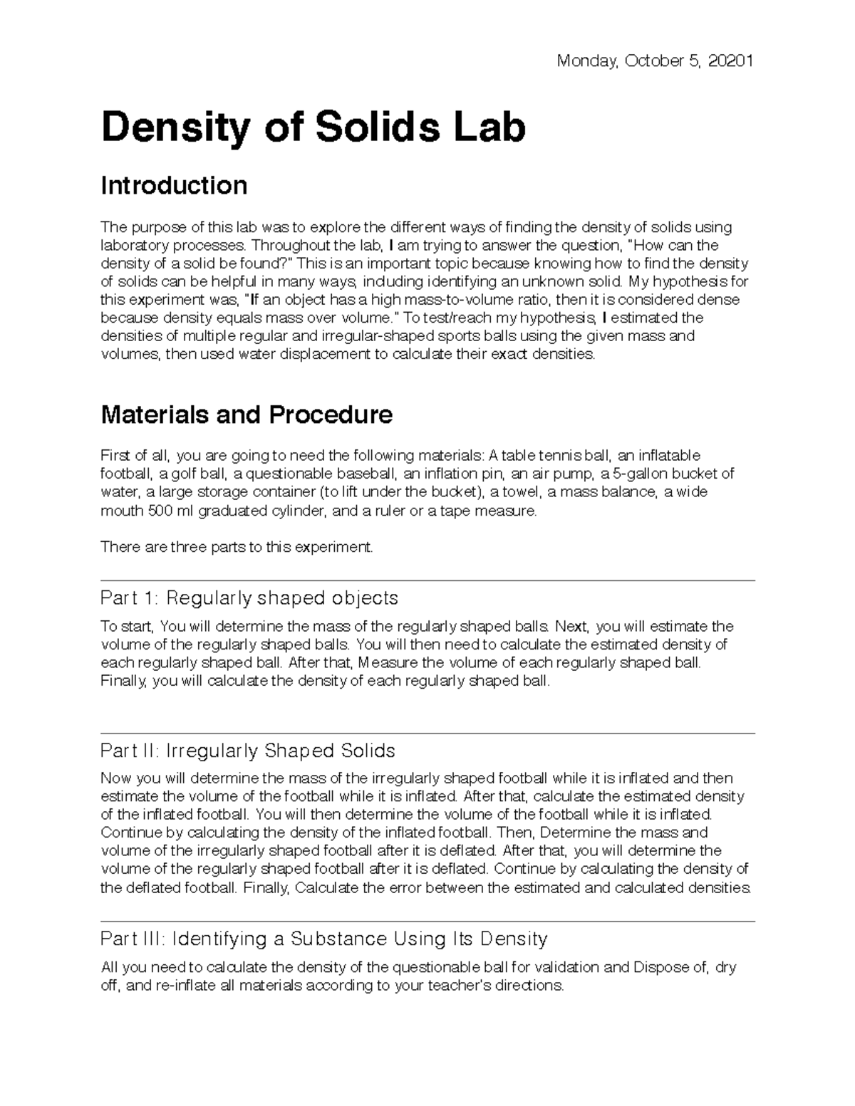 Density of Solids Lab Report: Methods, Results, and Conclusions - Studocu