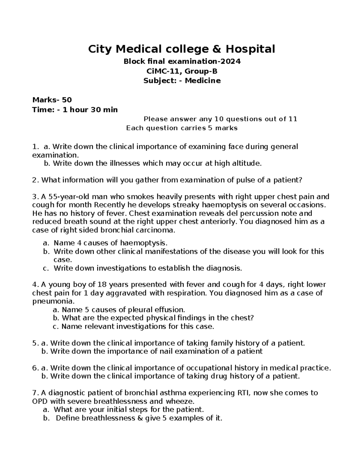 Ward final exam cimc 11 - City Medical college & Hospital Block final ...