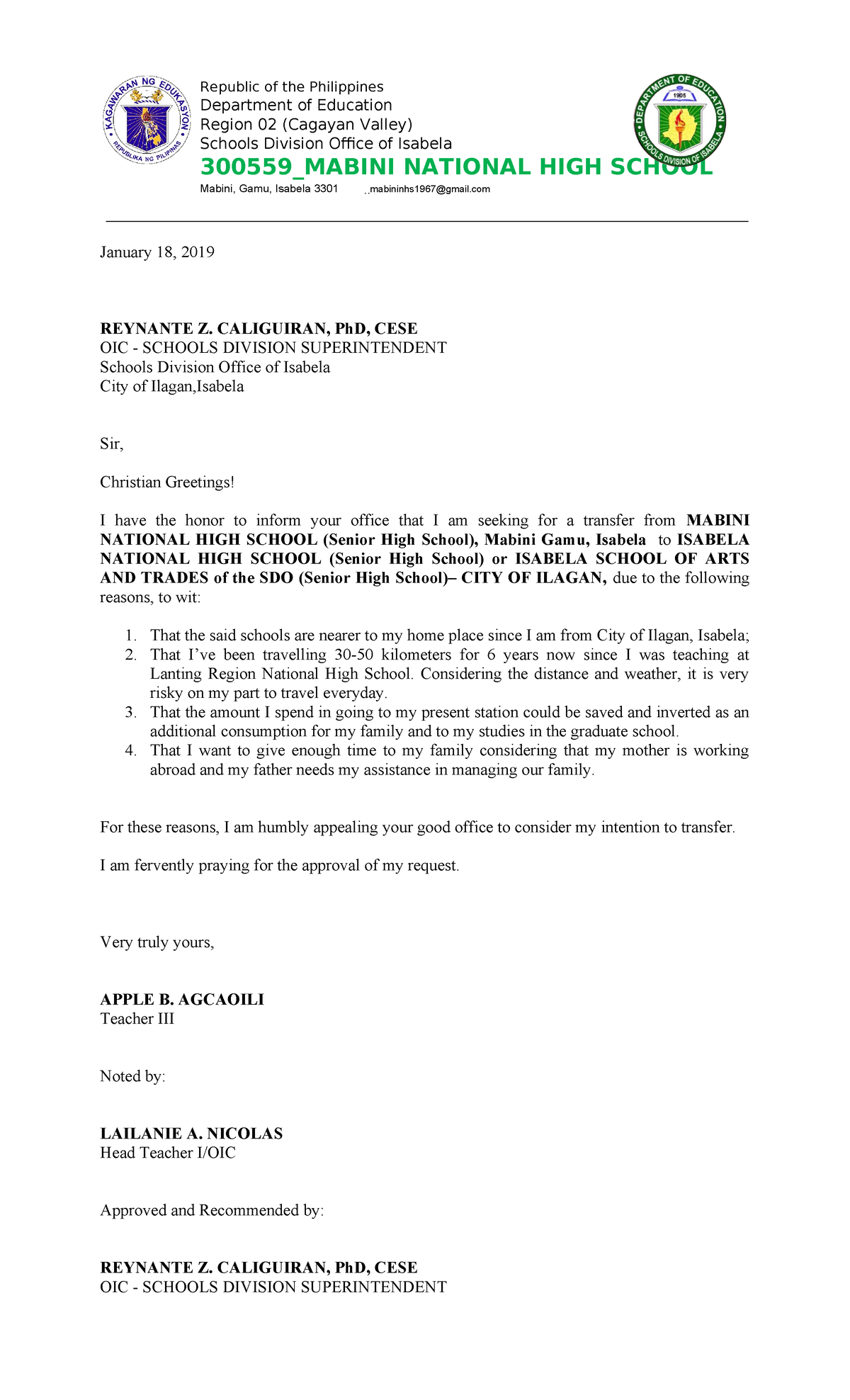 Intent Letter for Transfer Request to Isabela Nat'l High School - Studocu