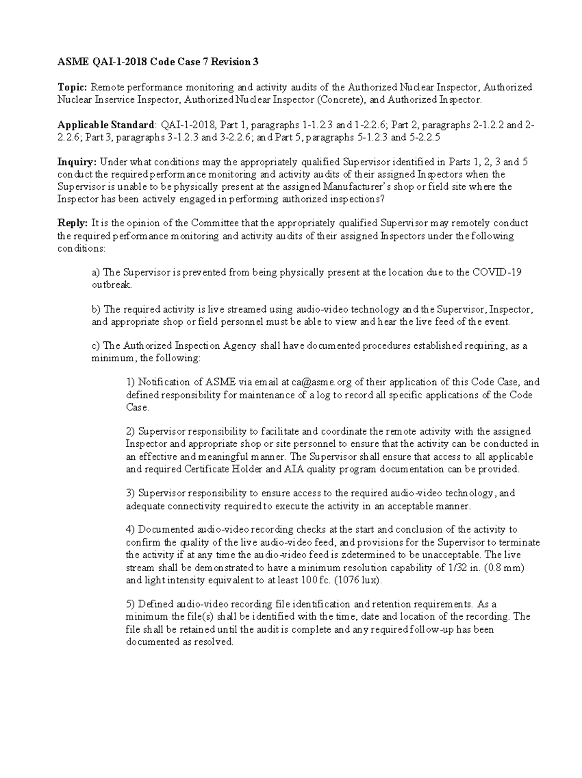 ASME QAI-1 Code Case 7 Rev. 03: Remote Monitoring Guidelines - Studocu