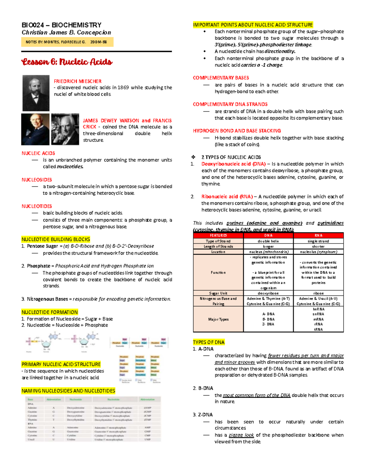BIO024 BIOCHEMISTRY Comprehensive Review: Lessons 6-10 on Nucleic Acids ...