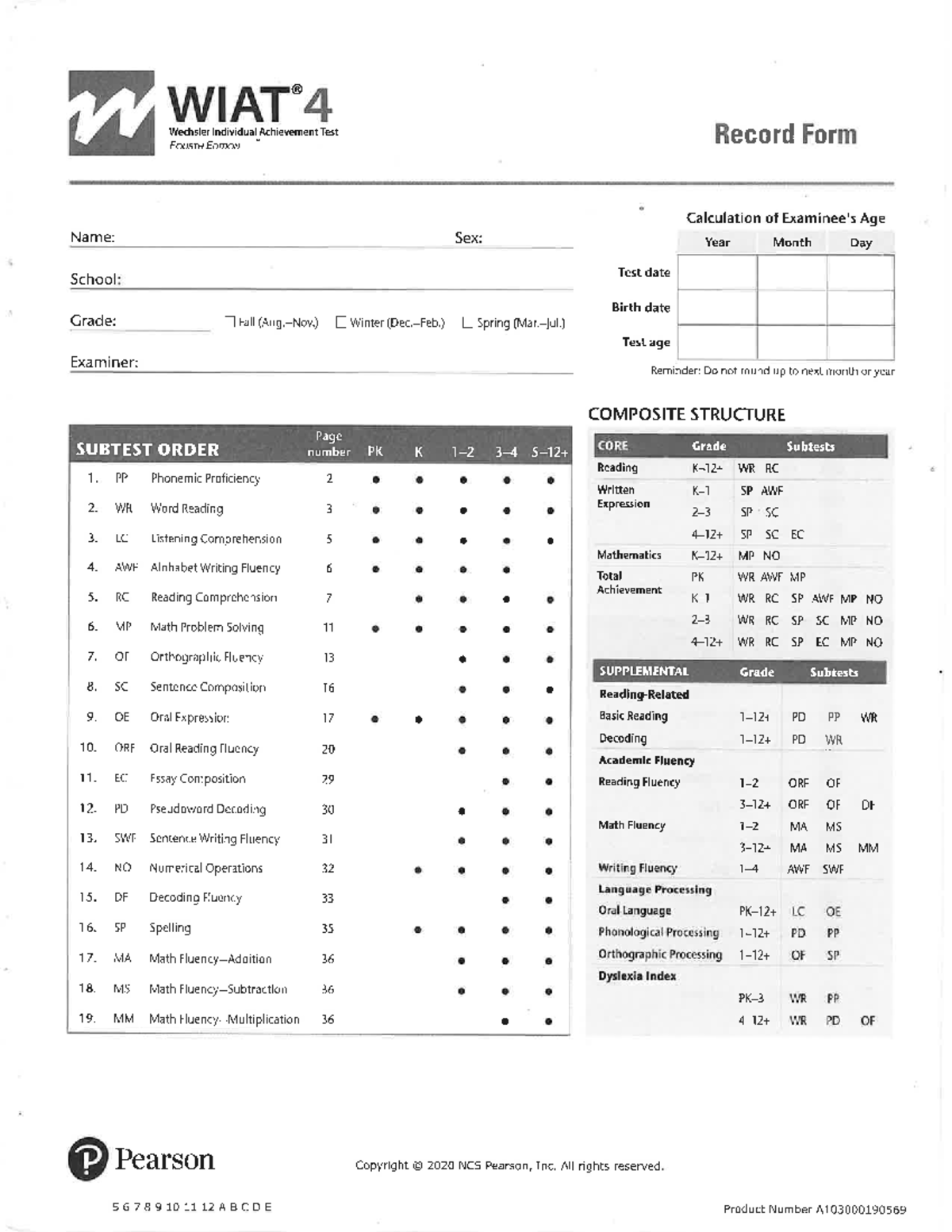 Wechsler Individual Achievement Test (WIAT-4) Record Form Analysis ...