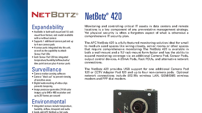 APC NetBotz 420 Monitoring Solution Overview (998-0352) - Studocu