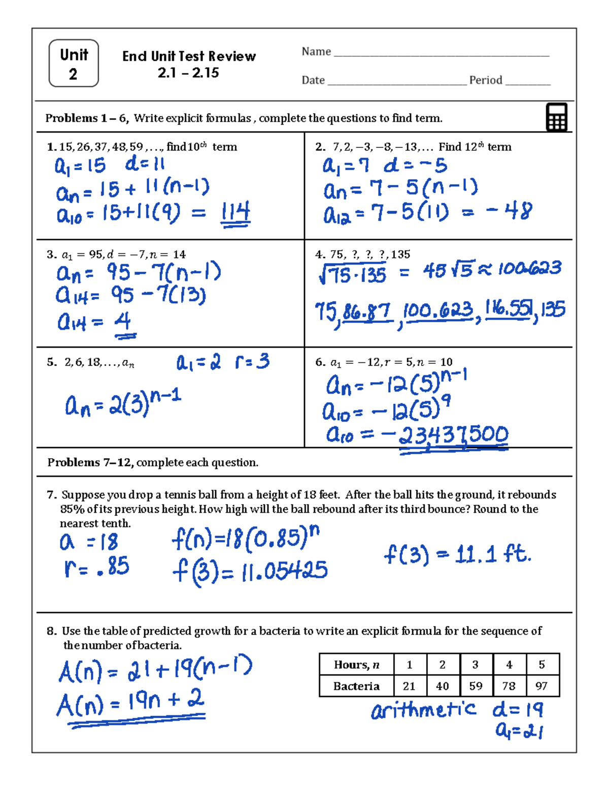 Unit 2 Math End-Unit Test Review Key: Problems & Solutions - Studocu