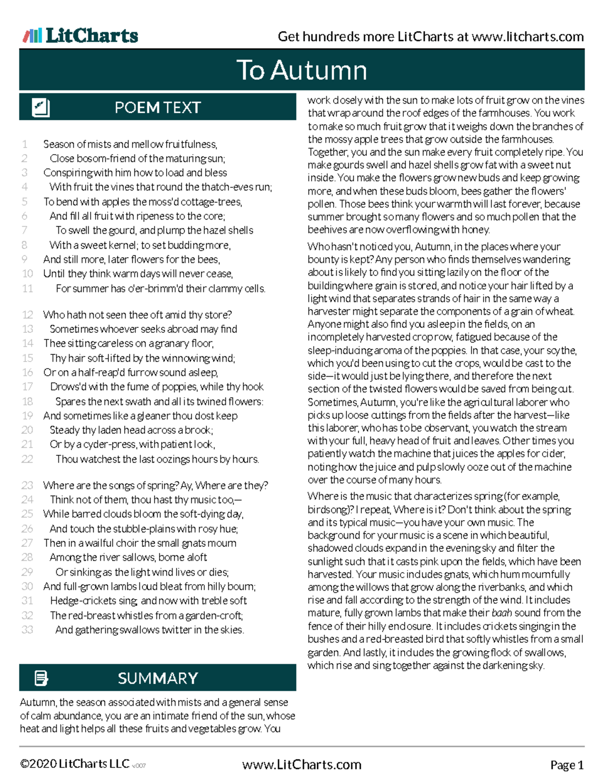 To Autumn (ENG 101) - Analysis and Themes of Keats' Poem - Studocu