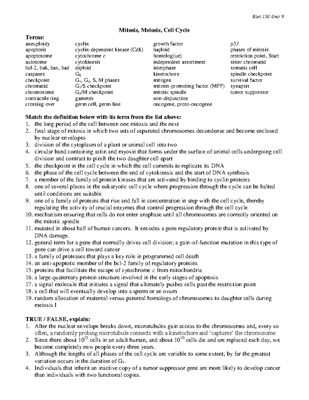 Worksheet Unit 9 - Cell Cycle, Mitosis, Meiosis - Biol 130 Unit 9 ...