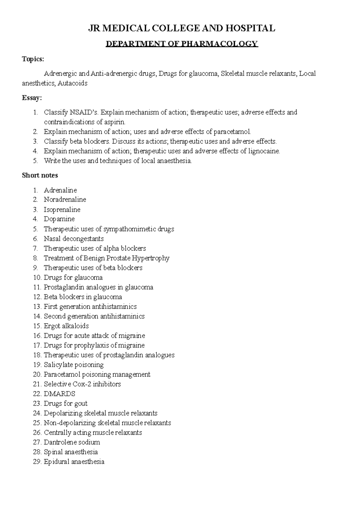 JR MEDICAL COLLEGE PHARMACOLOGY Jan FA Imp Ques - Upper Limb Topics ...