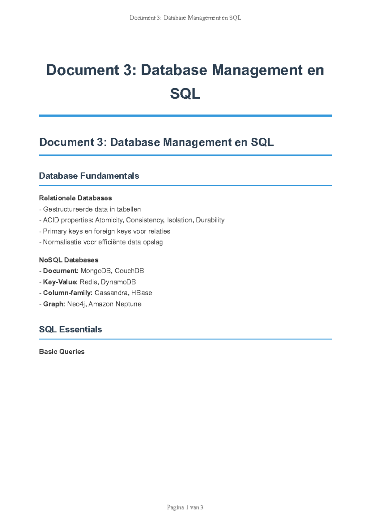 Document 03: SQL Database Management Overview and Essentials - Studeersnel