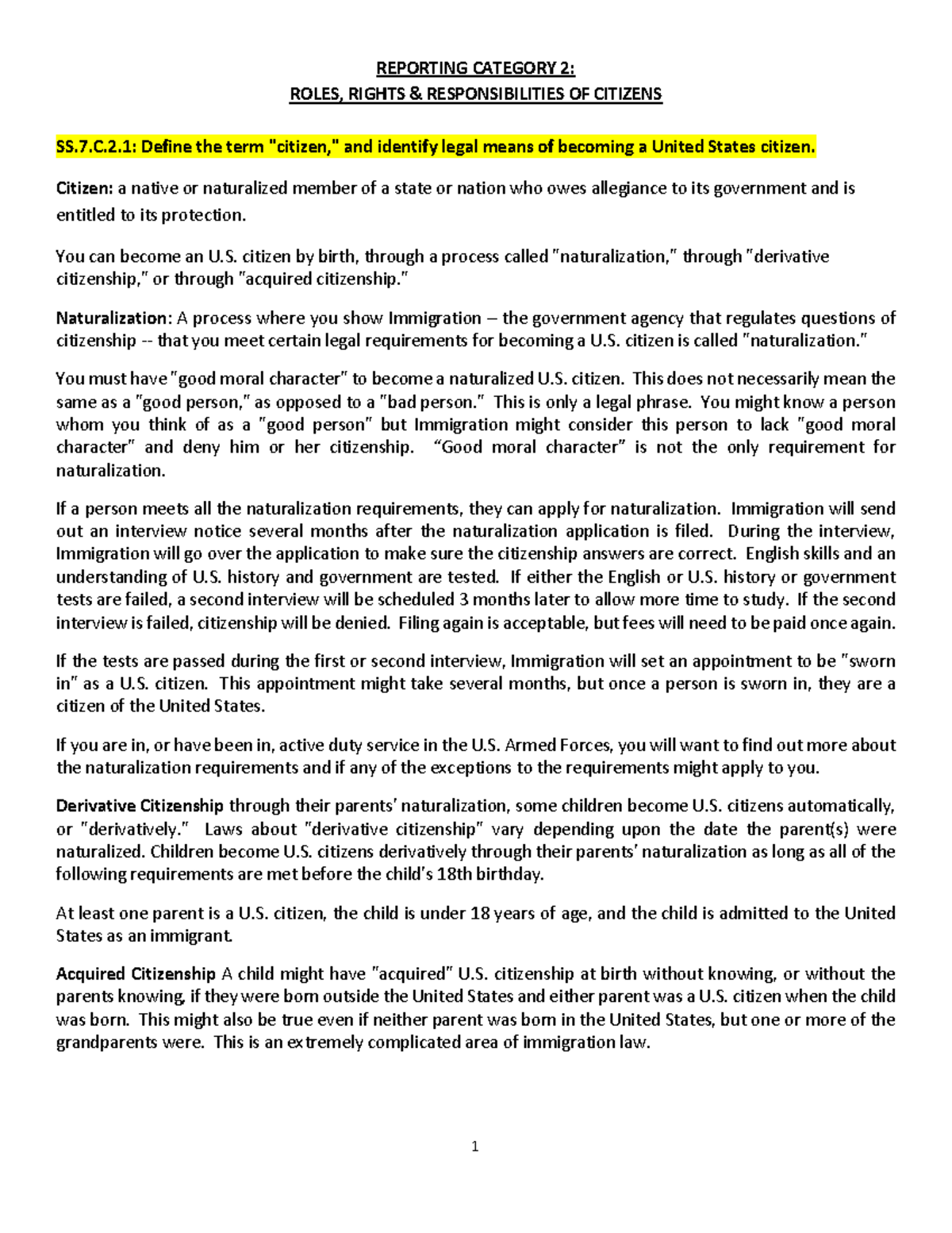 Civics EOC Review: Roles, Rights & Responsibilities of Citizens - Studocu