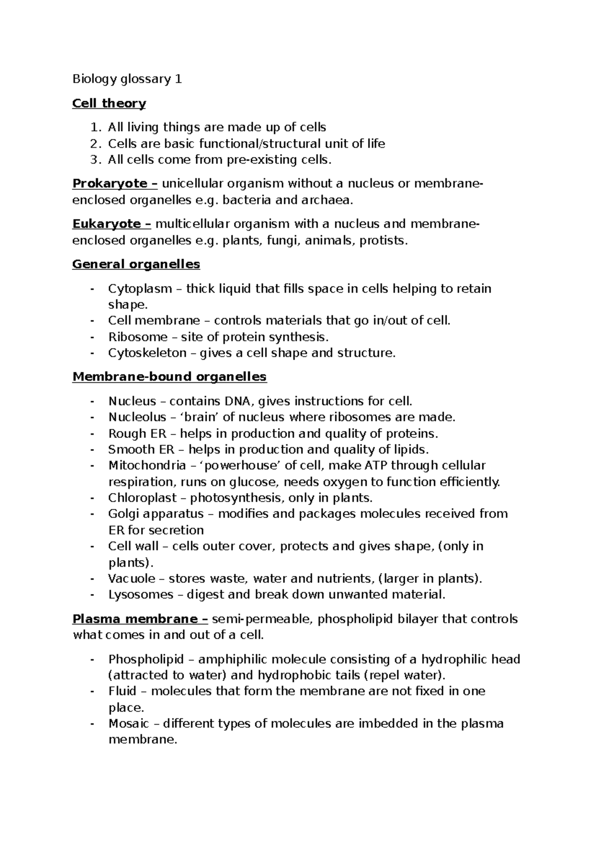 Biology Glossary 1: Key Concepts for Exam Preparation - Studocu