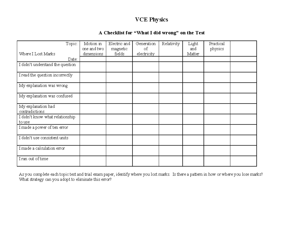 VCE Physics Checklist: Identifying Test Mark Loss Strategies - Studocu