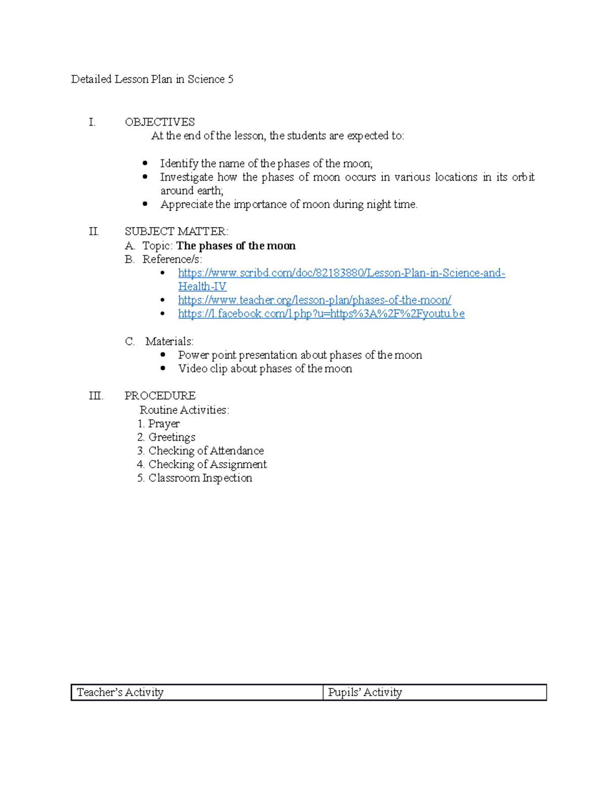 Science 5 Detailed Lesson Plan: Phases of the Moon Exploration - Studocu