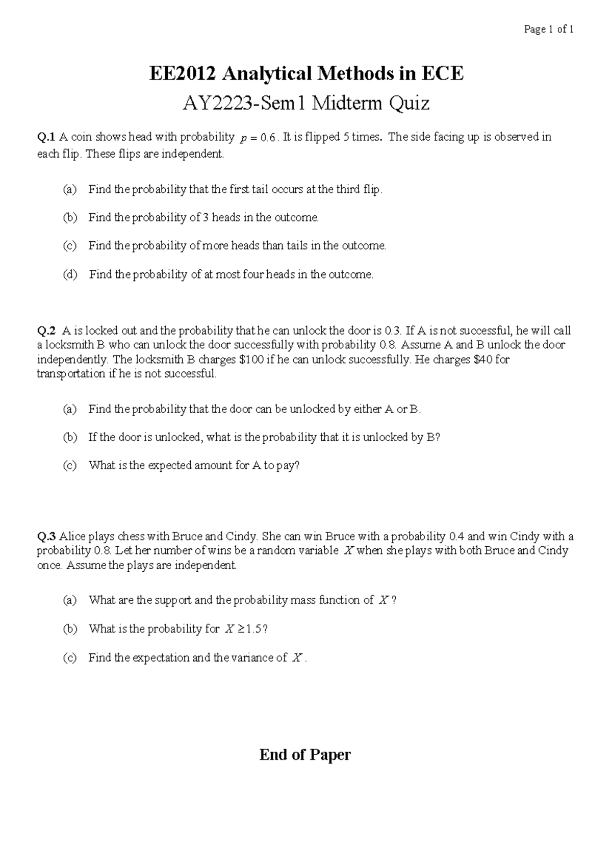 EE2012 - AY22-23 S1 Midterm - Page 1 of 1 EE2012 Analytical Methods in ...