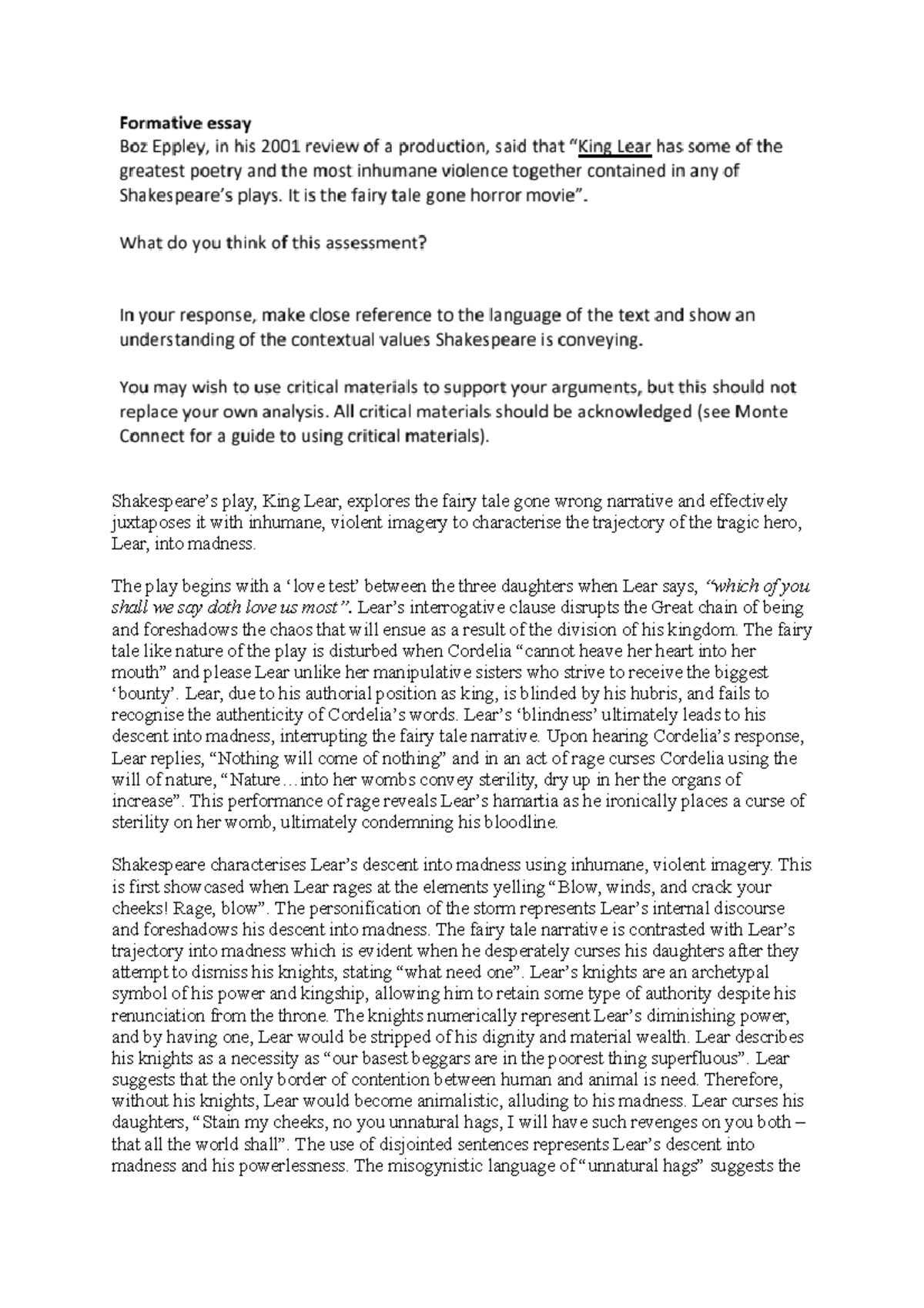 ENG 201 King Lear Practice Essay Analysis and Themes - Studocu