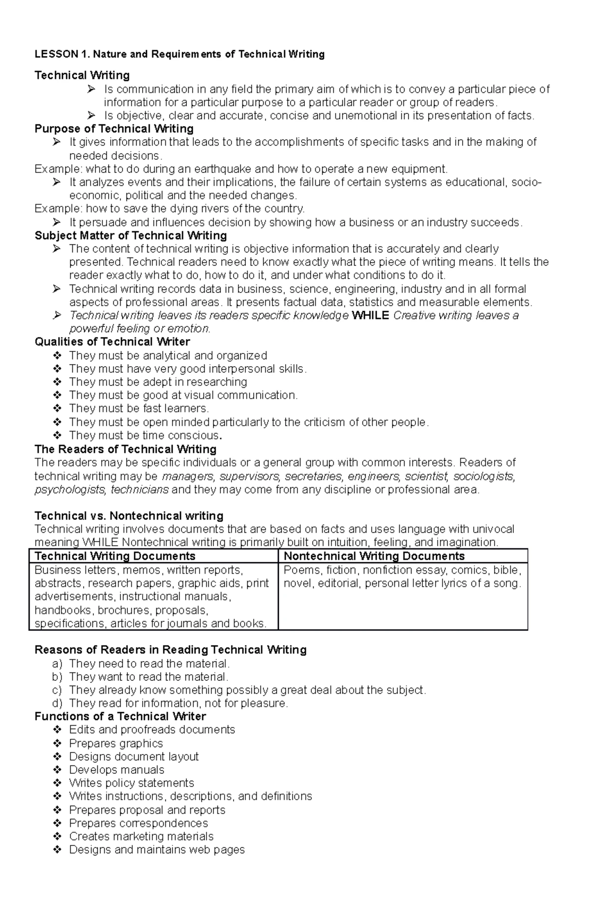 Lesson 1 Technical Writing - LESSON 1 Understanding the Nature of ...