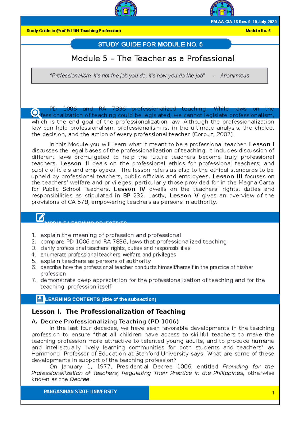 Final Exam Study Guide for Prof Ed 101: Professionalism in Teaching ...