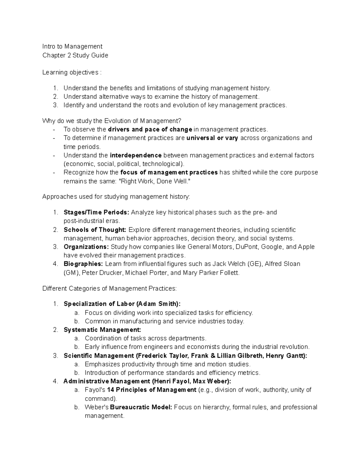 MGT101 Chapter 2 Study Guide: Evolution of Management Practices - Studocu