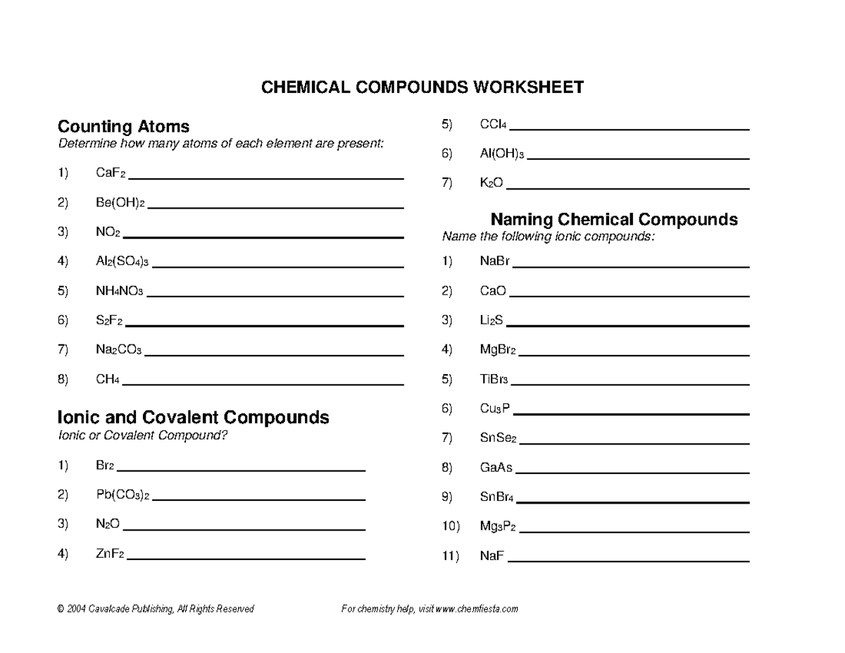 Chemical Formula Writing Worksheet Cavalcade Publishing PRA038