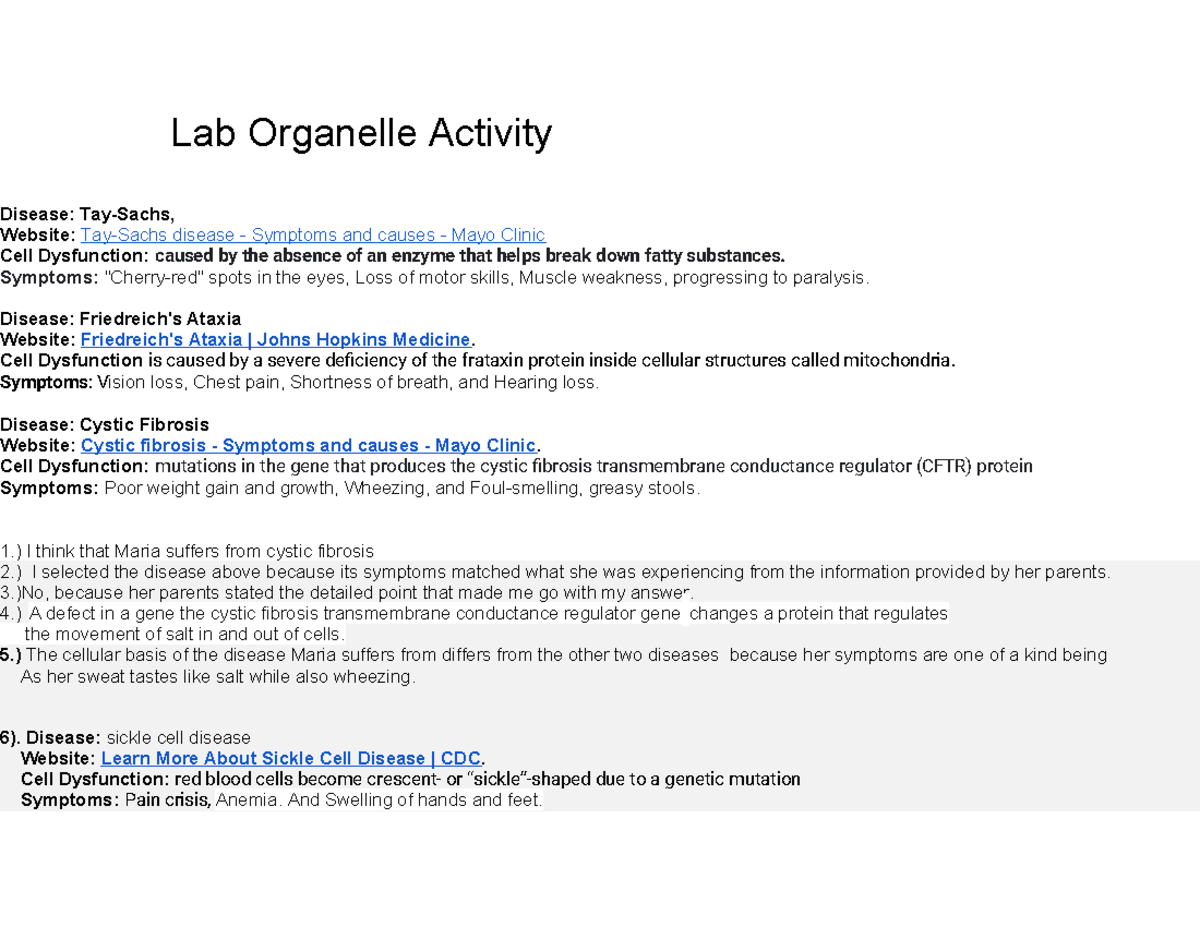 Lab Organelle Activity: Analysis of Genetic Disorders and Symptoms ...