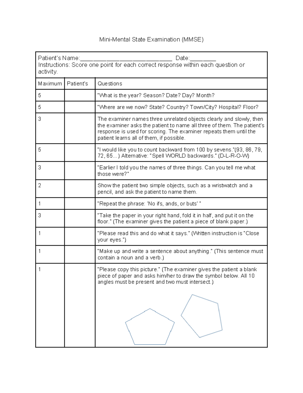 Mini-Mental State Examination (MMSE) Scoring Guide and Instructions ...
