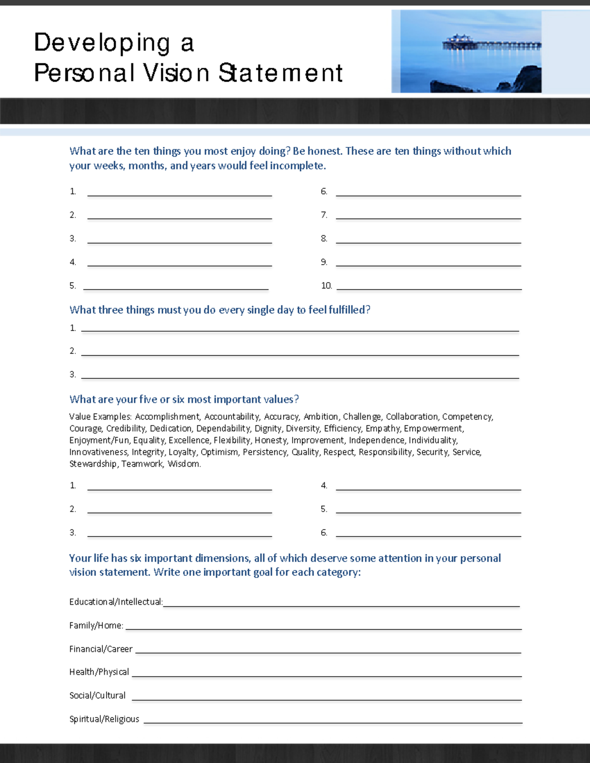 Vision statement - Personal Devlopment - What are the ten things you ...