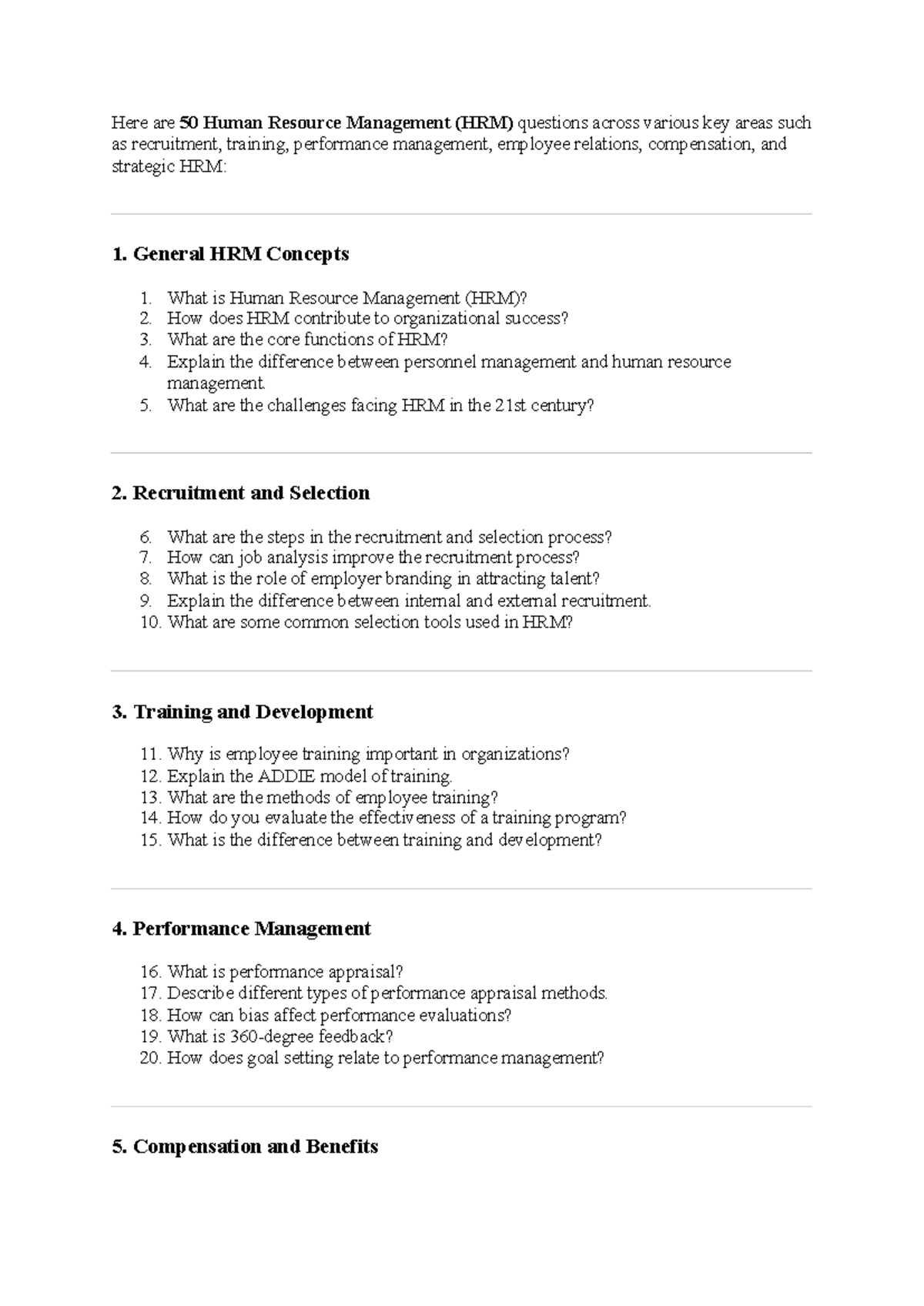 HRM 101: 50 Essential Questions on Human Resource Management - Studocu