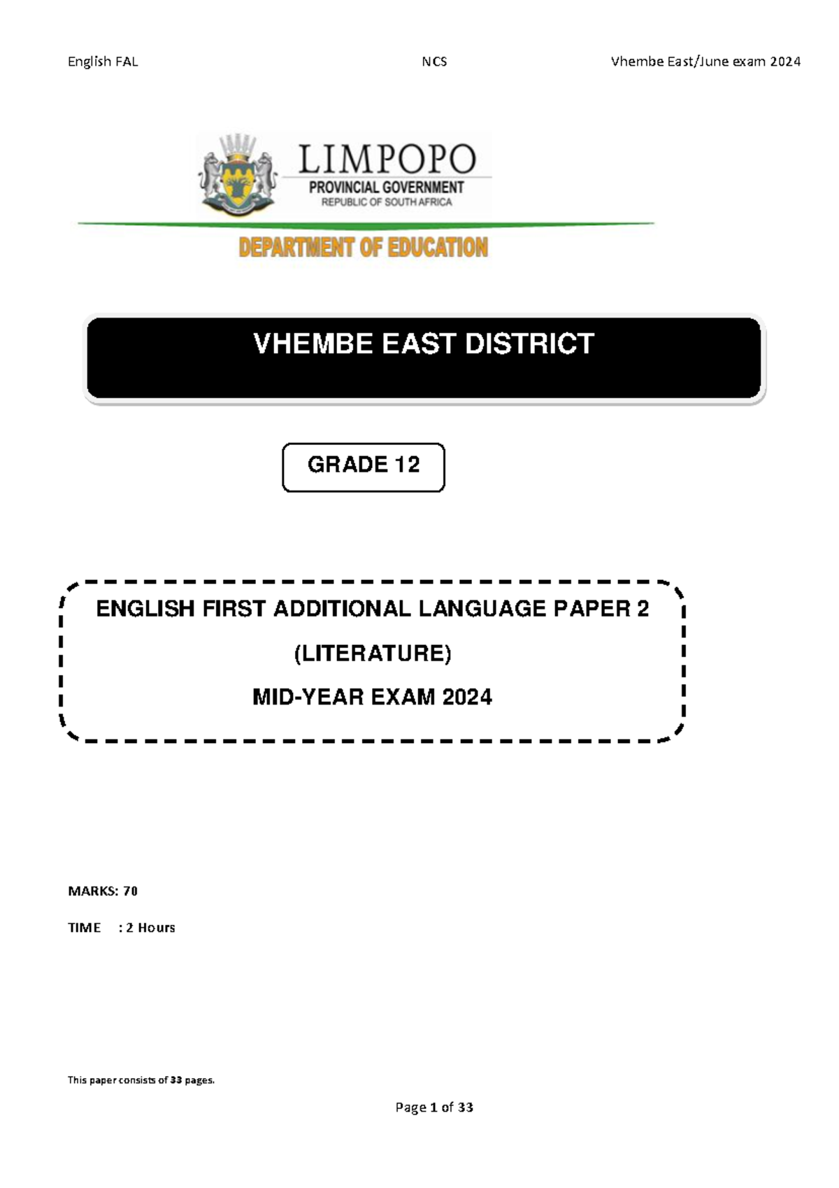 Grade 12 English FAL P2 Mid-Year Exam June 2024 - Question Paper - Studocu