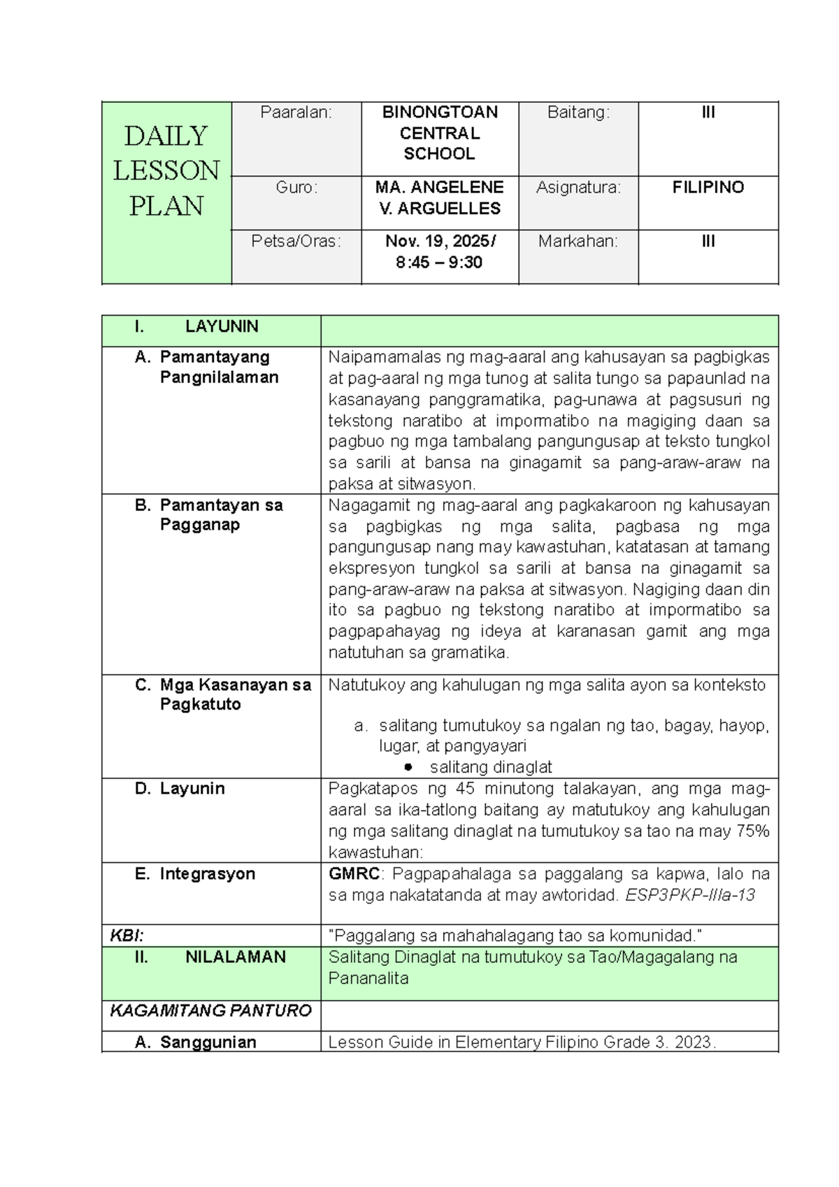 Lesson Plan in Filipino 3: Paggalang at Salitang Dinaglat (Final) - Studocu