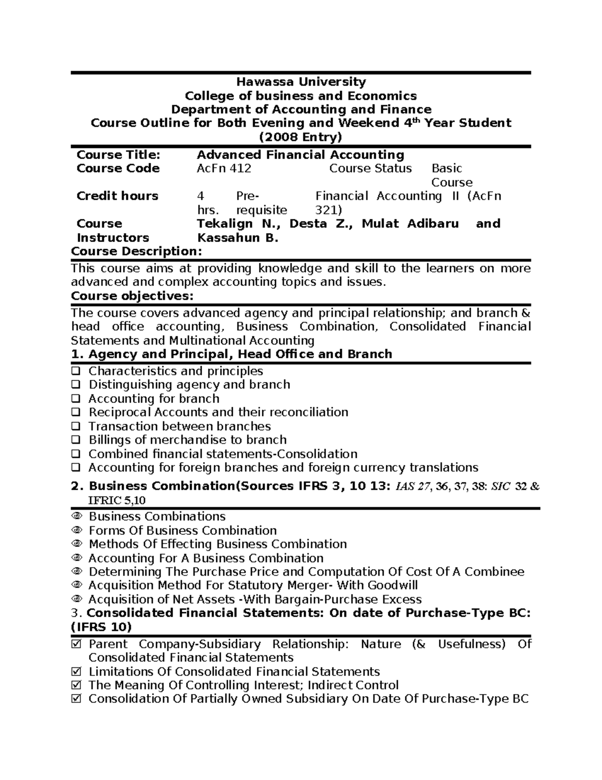 Course Outline: Advanced Financial Accounting (AcFn 412) for 4th Year ...
