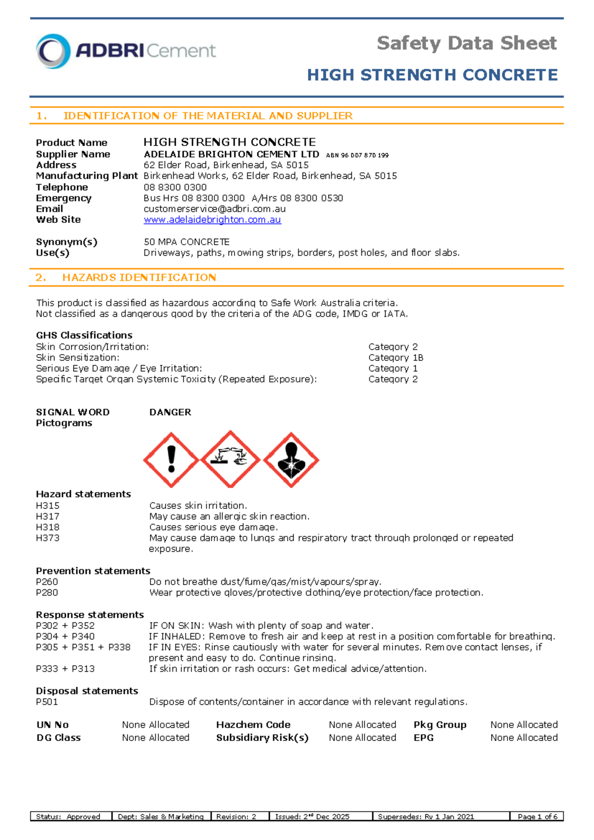 Safety Data Sheet: High Strength Concrete (50 MPa) - Studocu