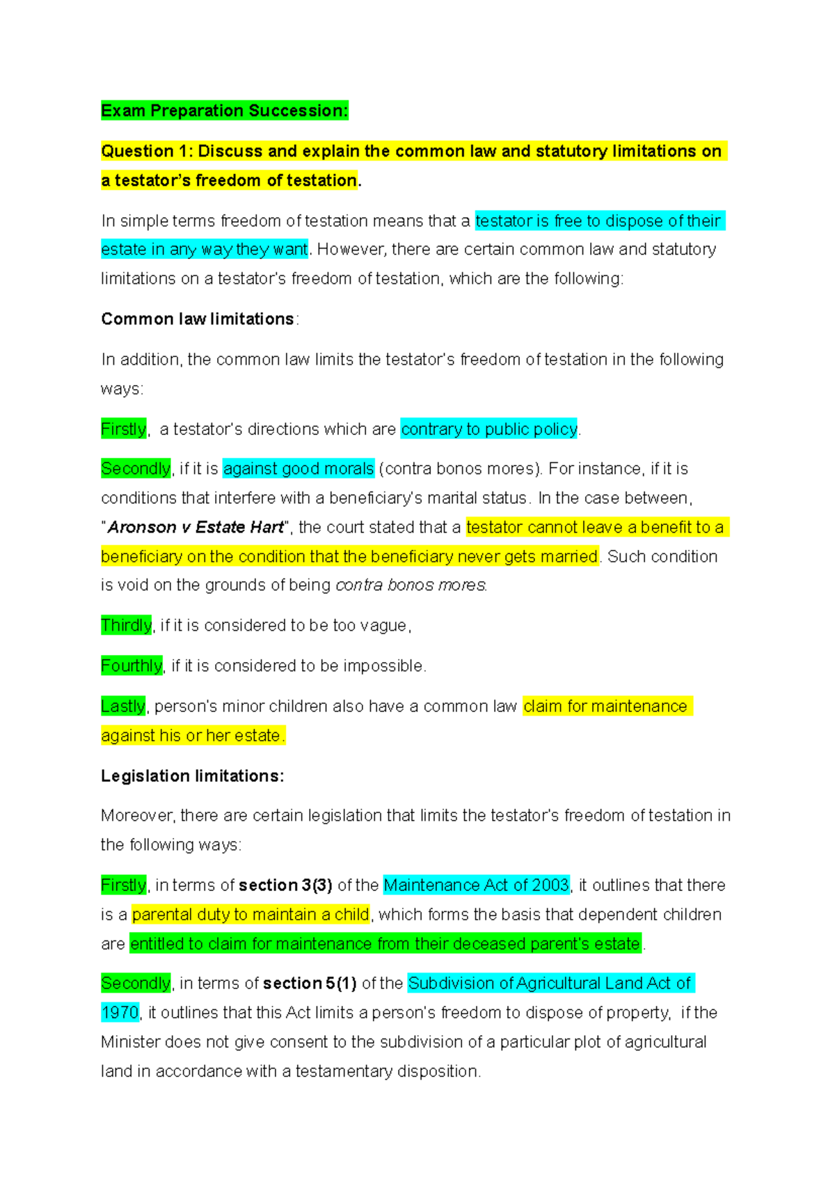 Exam Prep: Limitations on Testator's Freedom of Testation and Cases ...