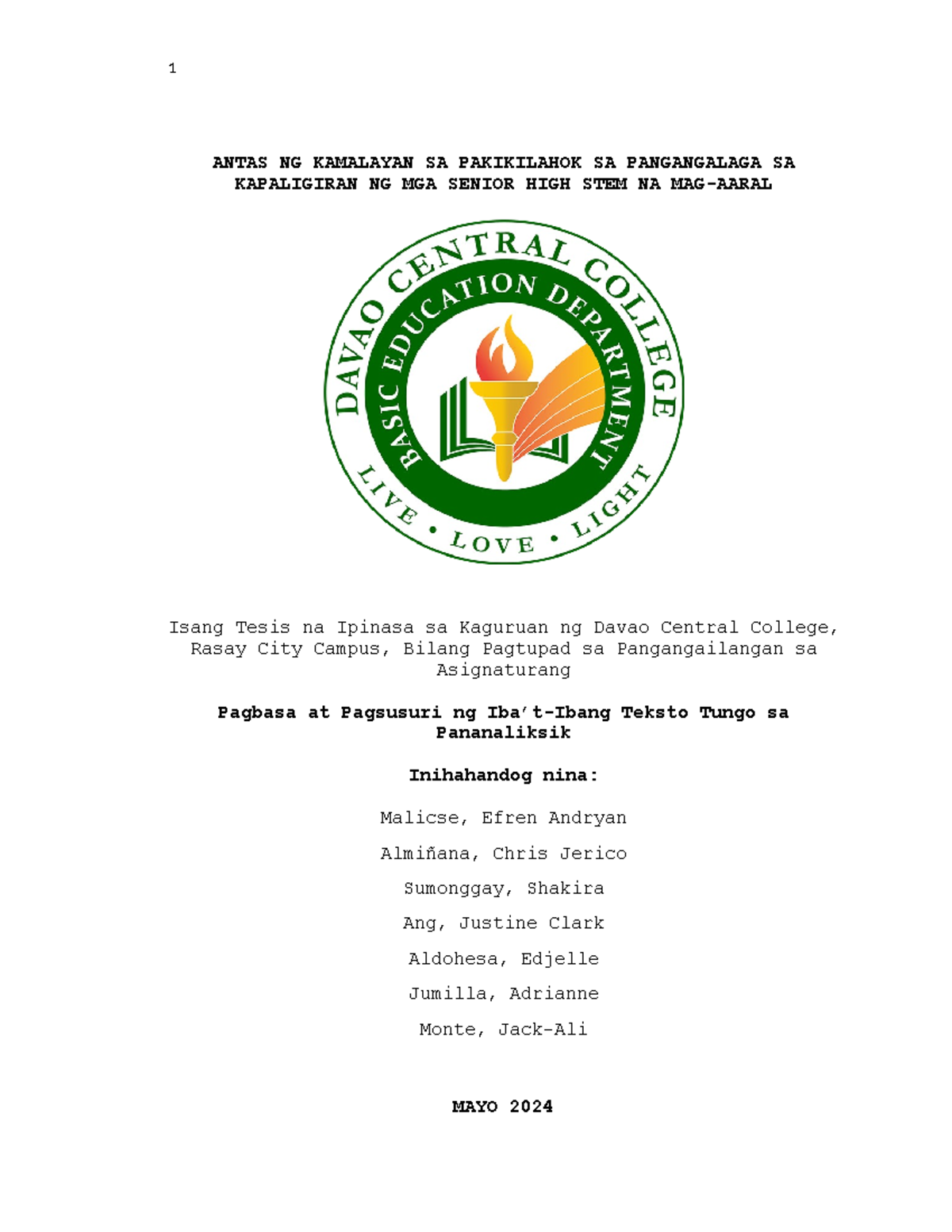 ANTAS NG KAMALAYAN AT PAKIKILAHOK NG MGA SENIOR HIGH STEM STUDENTS (DCC ...