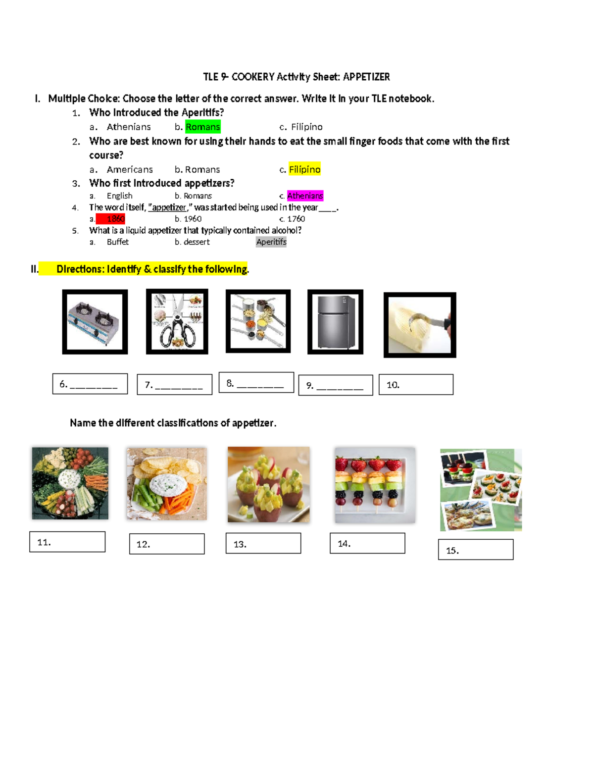 TLE COOKERY Activity Sheet: Appetizers MCQs for Grade 9-10 - Studocu