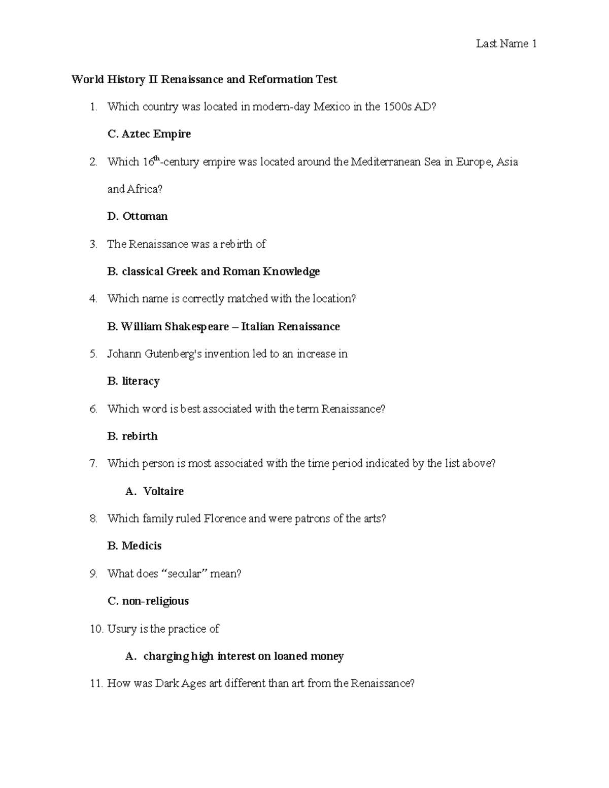World-History II Renaissance and Reformation Test - History - Xavier ...