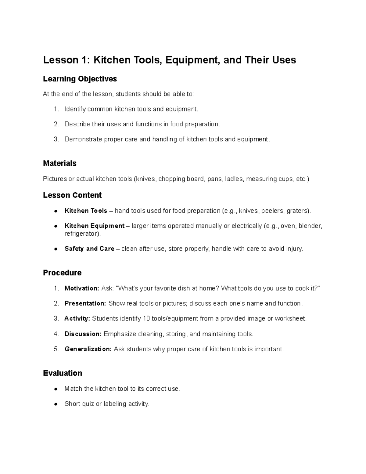 Lesson 1: Kitchen Tools & Equipment Uses (Culinary 101) - Studocu