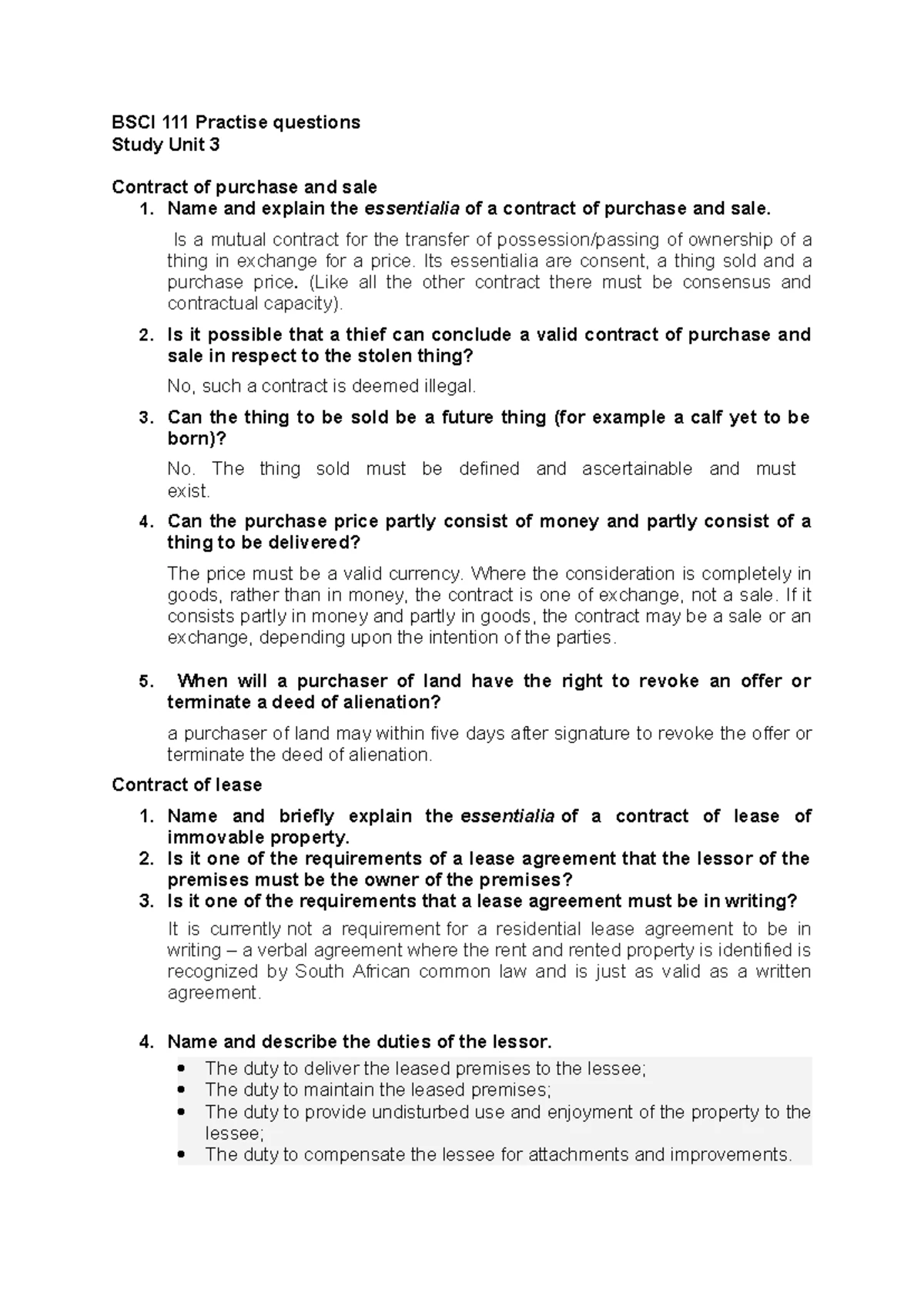 BSCI 111 Practice Questions: Contracts of Purchase, Lease, and ...