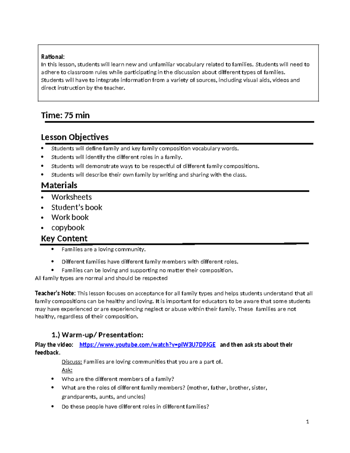 Lesson 2 - Families Lesson Plan - Rational: In this lesson, students ...