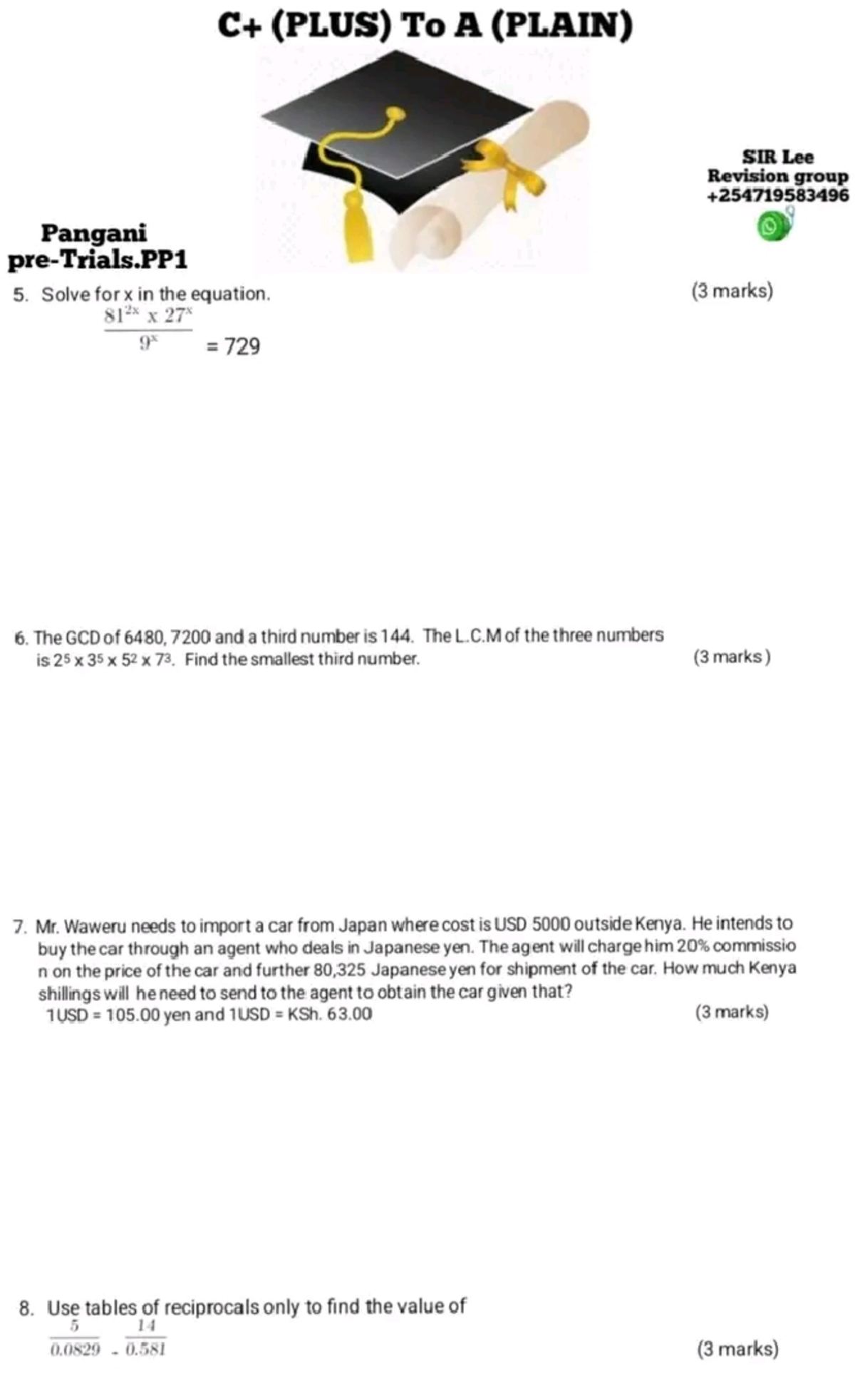 Pangani Maths P1 - Comprehensive Study Guide - Studocu