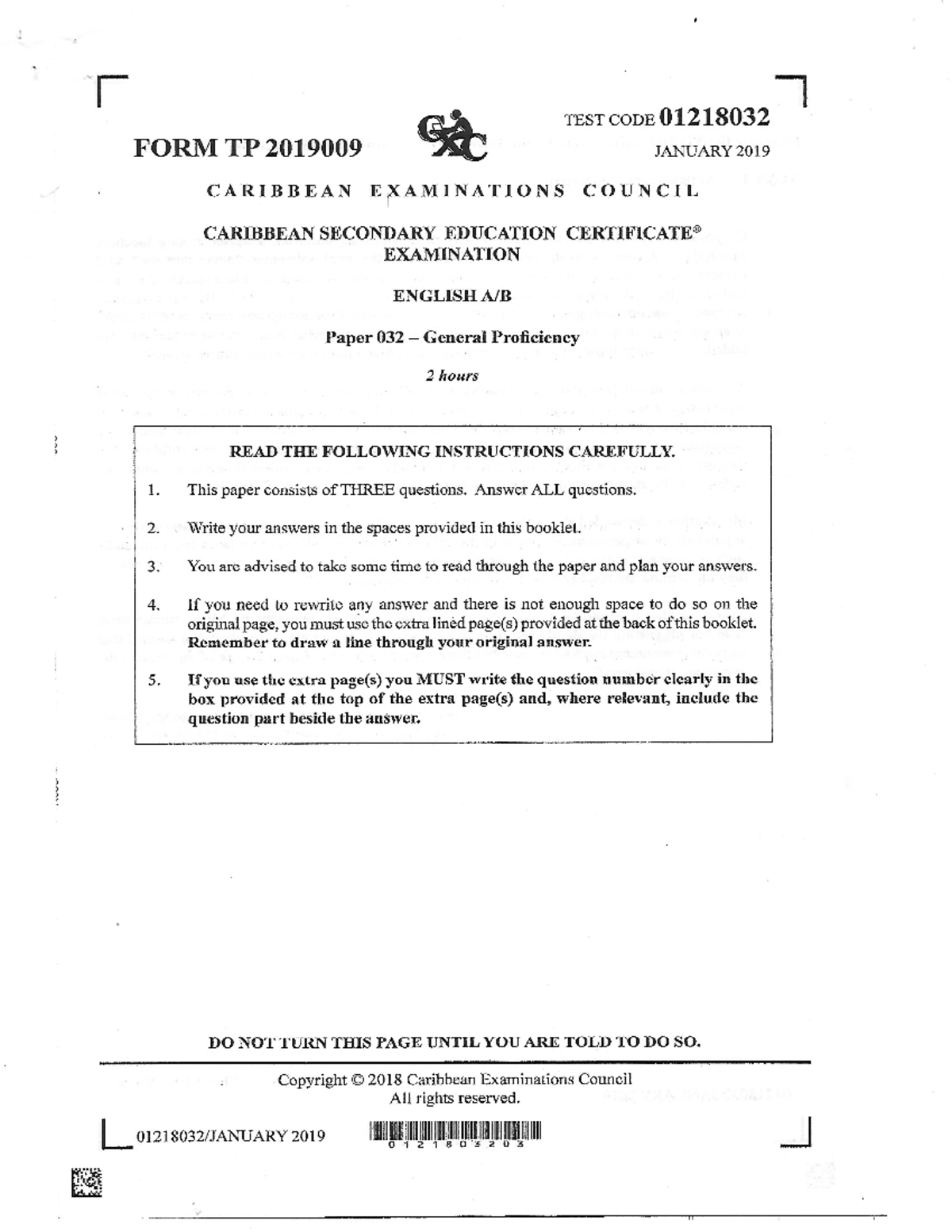 English A Paper 3 - CSEC 01218032 January 2019 Exam - Studocu