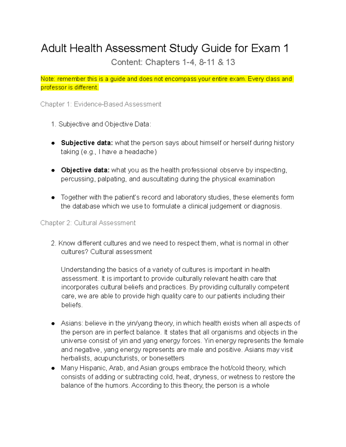 Adult Health Assessment Study Guide (NURS 101) for Exam 1 - Studocu