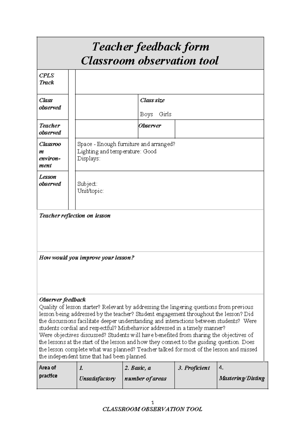 CPLS Classroom Observation Tool: Teacher Feedback & Reflection Notes ...