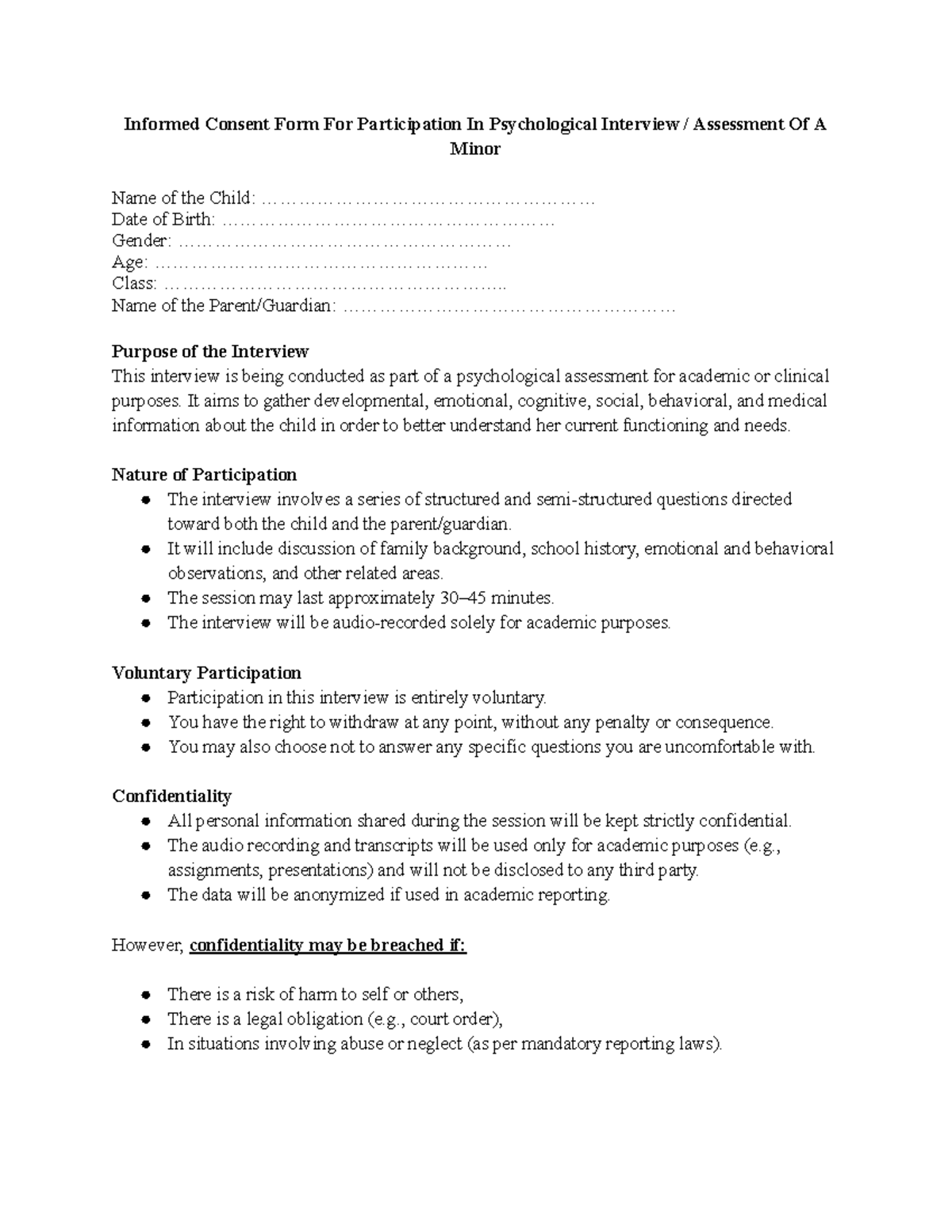 Informed Consent Form for Psychological Interview Assessment of Minor ...
