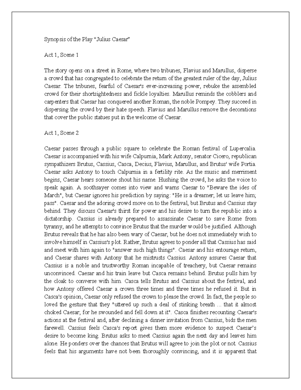 Julius Caesar: Act Summaries and Key Insights for Final Exam Prep - Studocu