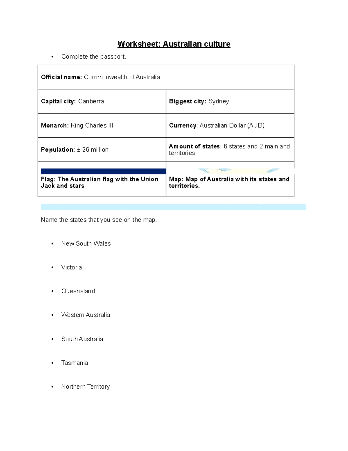 Worksheet: Australian Culture Overview and State Identification - Studocu