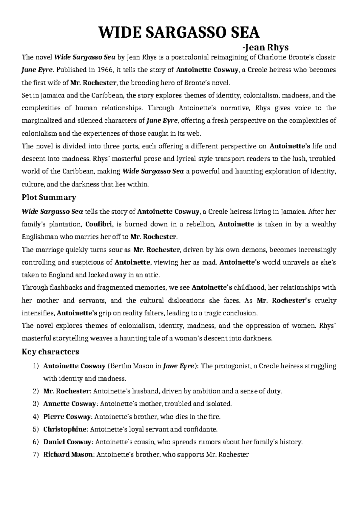 Wide Sargasso Sea (ENG 101) - Comprehensive Study Notes - Studocu