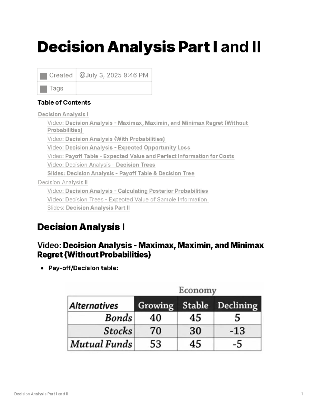 Decision Analysis I & II: Maximax, Maximin, and Minimax Regret - Studocu