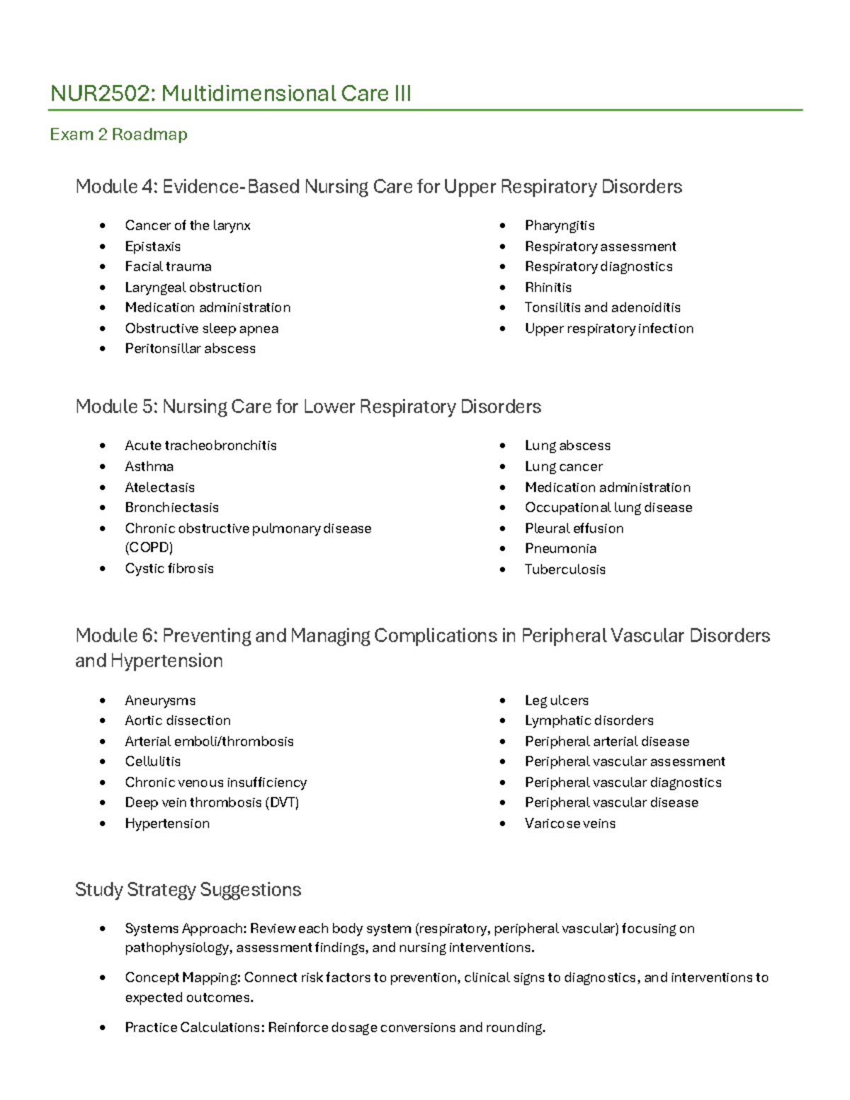 NUR2502: Winter 2026 Exam 2 Roadmap for Respiratory & Vascular Care ...